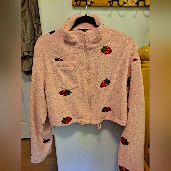 SHEIN | Jackets & Coats | Shein Light Pink Terry Fleece Cropped Zip Up ...